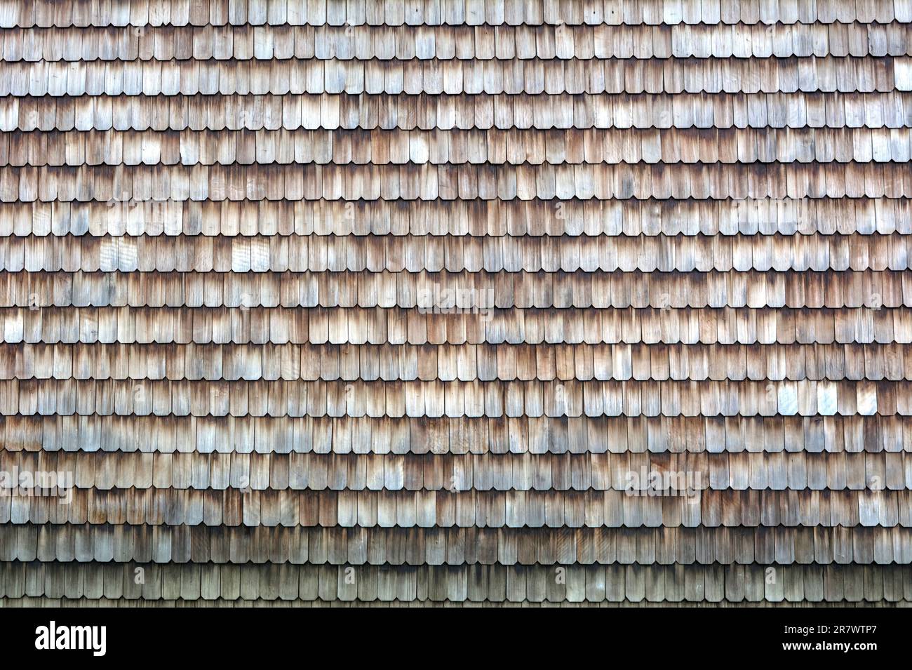 Traditional wood shingles (Tejuela Chilota) on historic buildings on ...