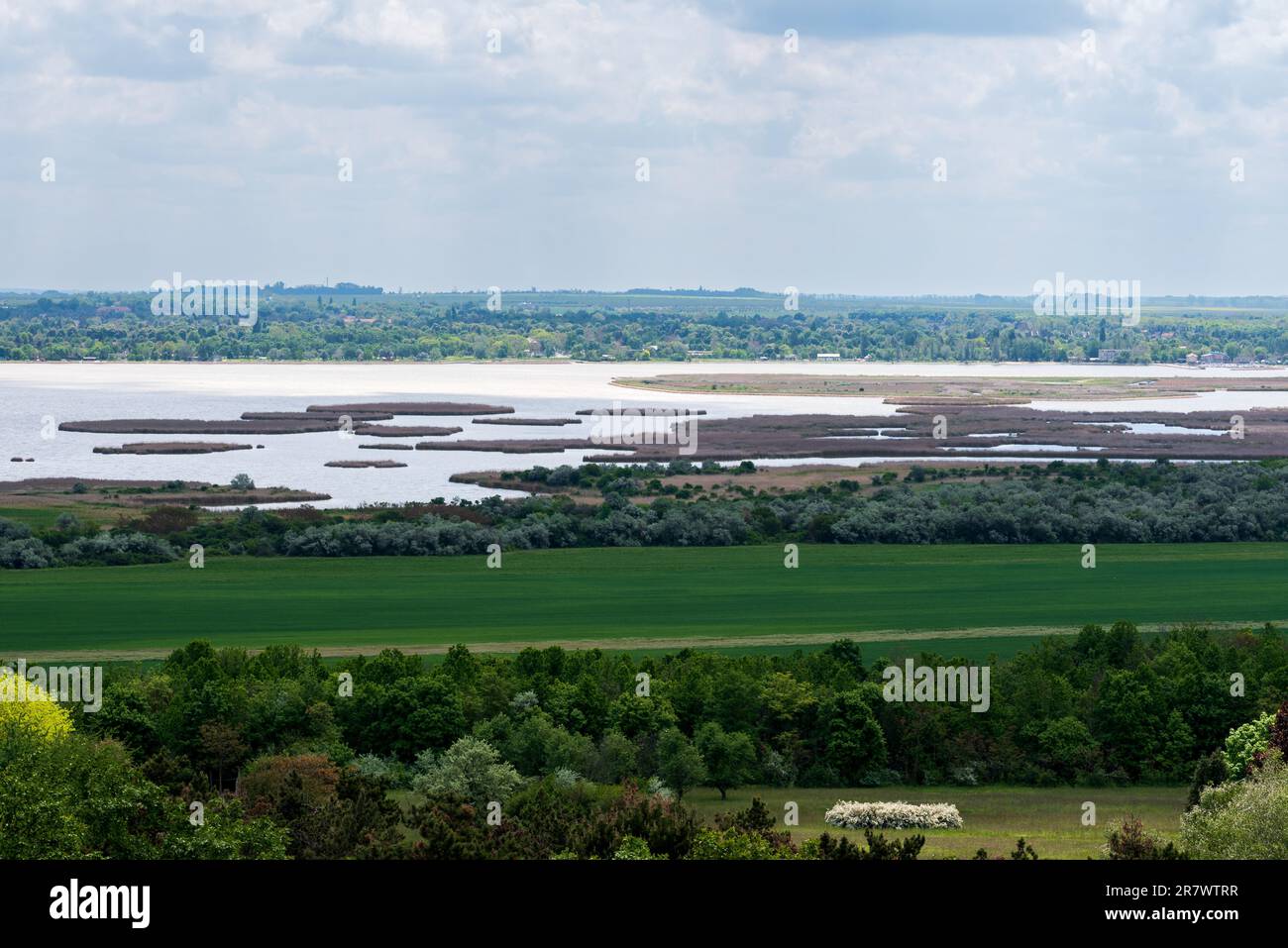 beautiful panorama of Lake Velence. The lake has an area of 26 km2, one ...