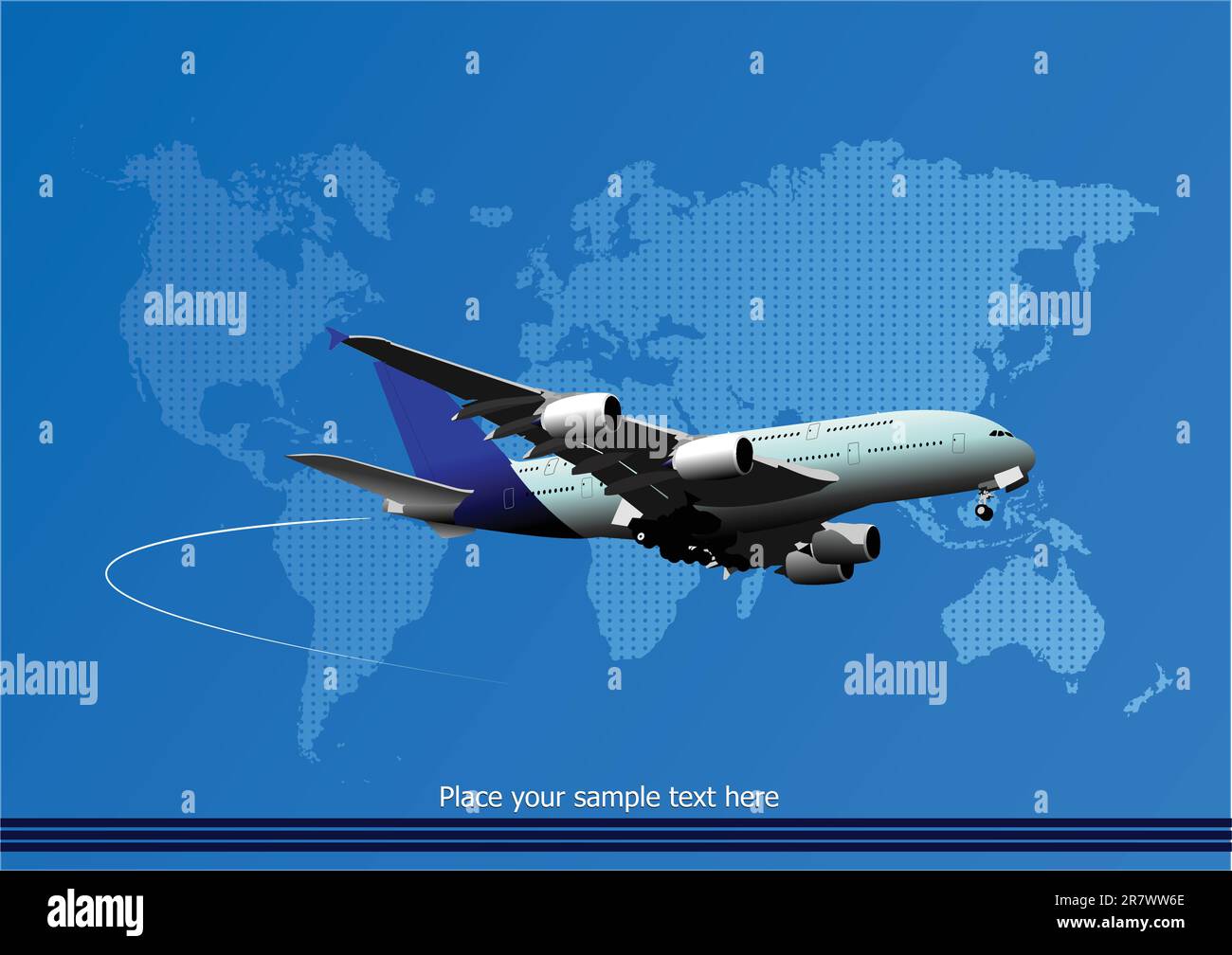 Blue abstract background with passenger plane and world map images ...