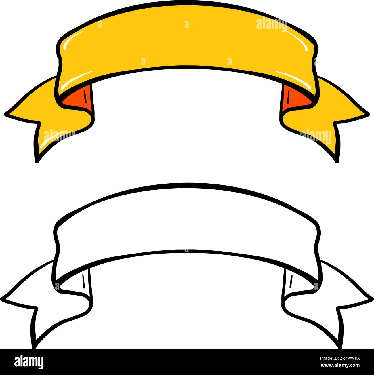 Vintage hand drawn folded ribbon banner vector illustration. Golden ...