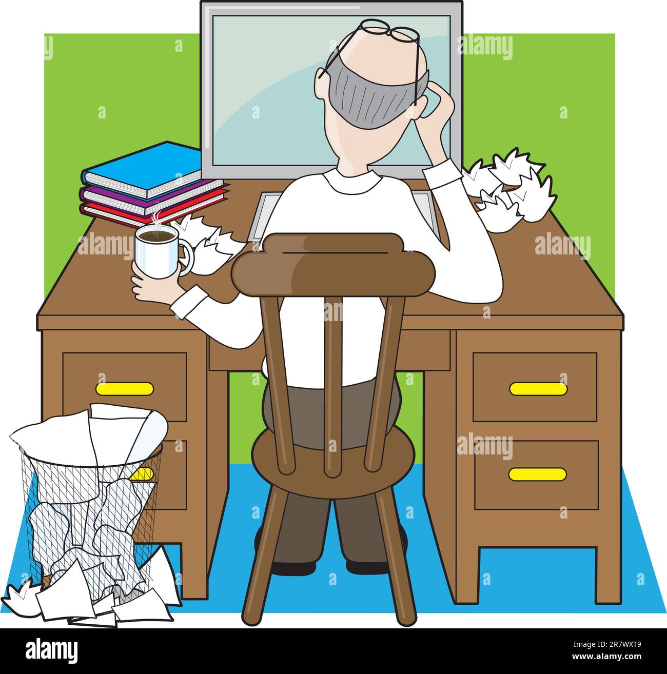 An office worker, or writer working at a wooden desk, seems to be ...