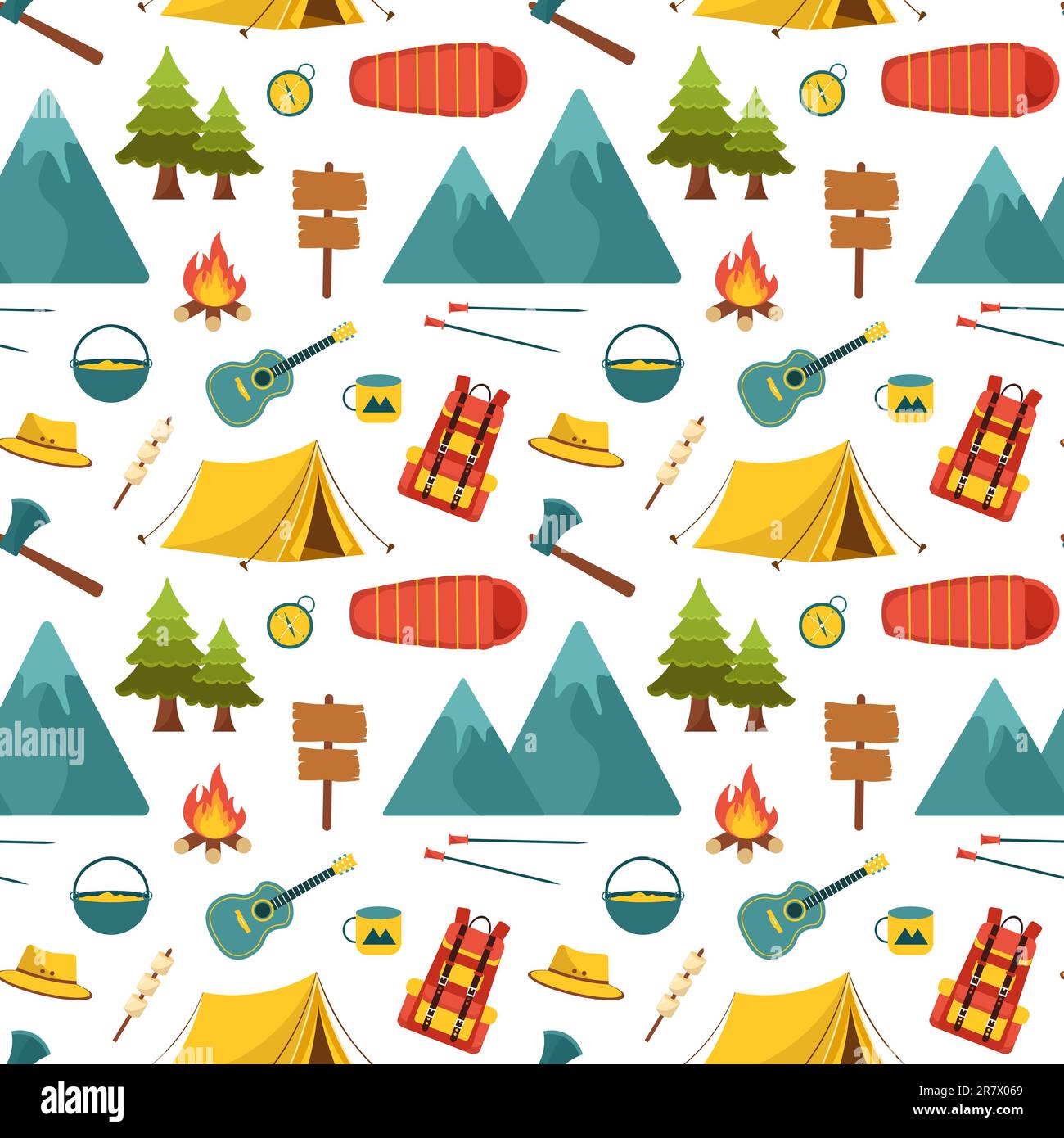 Summer Camp Seamless Pattern Design of Camping and Traveling Element in ...