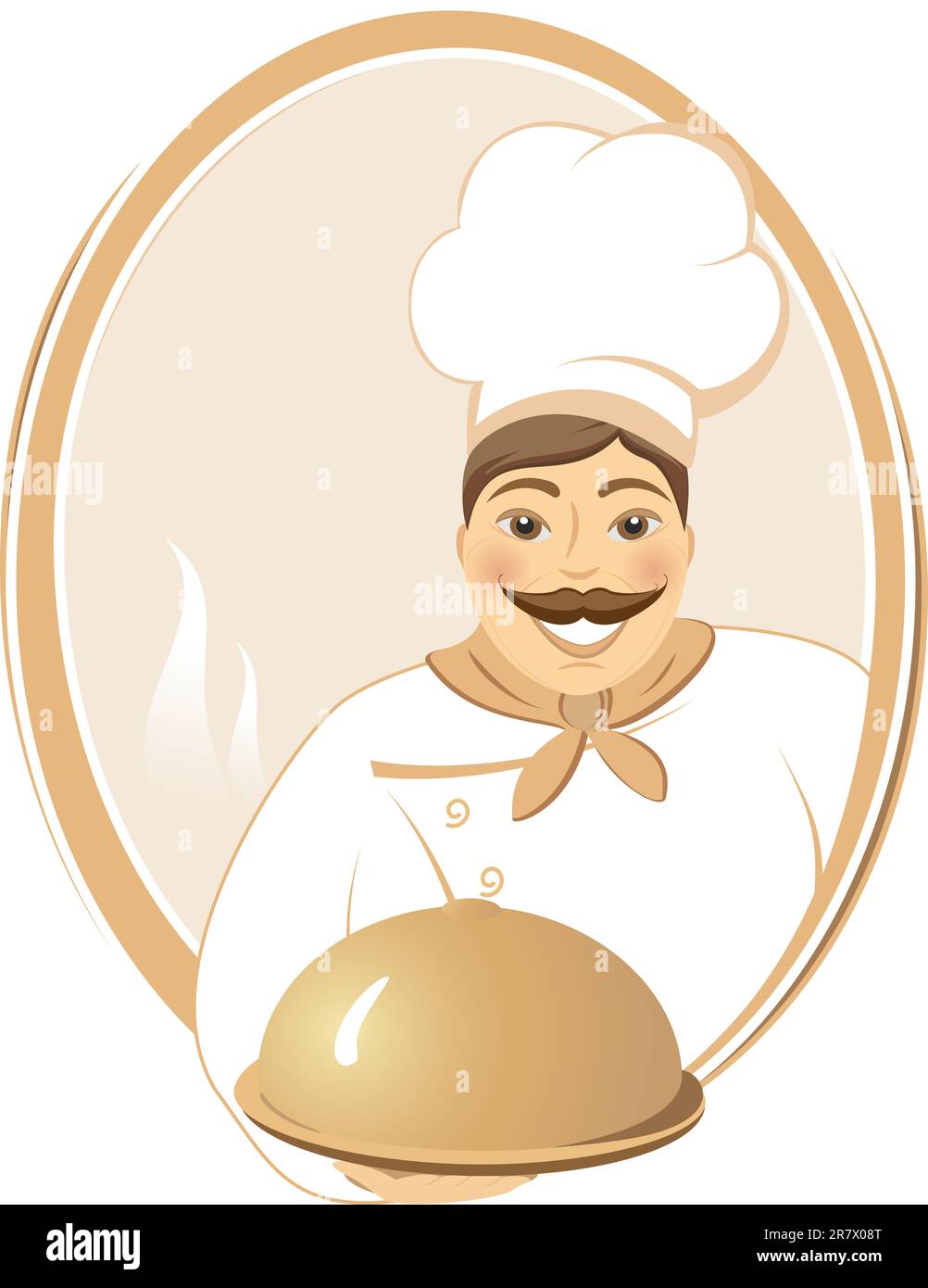 smiling cook with hot dish in brown round frame Stock Vector Image ...