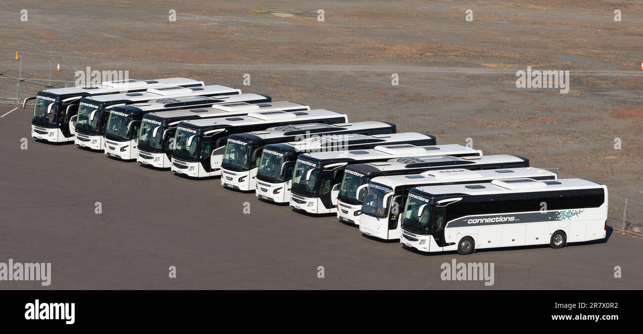 Belfast, Northern Ireland, UK. June 2023. White excursion coaches ...