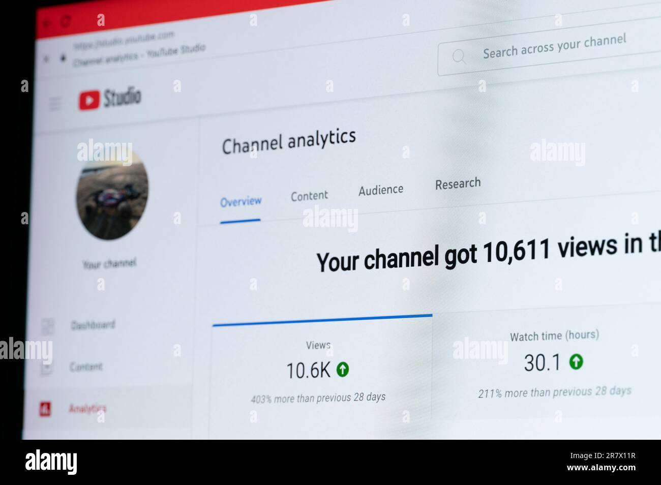 New York, USA - June 17, 2023: New views in youtube channel statistics ...