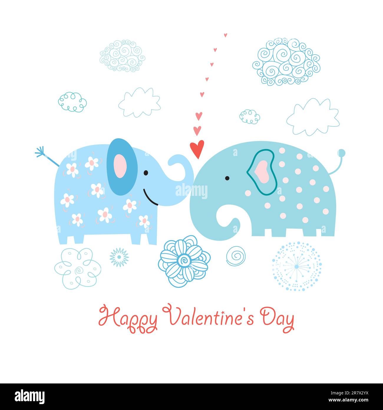 funny blue elephant lovers on a white background with hearts and clouds ...