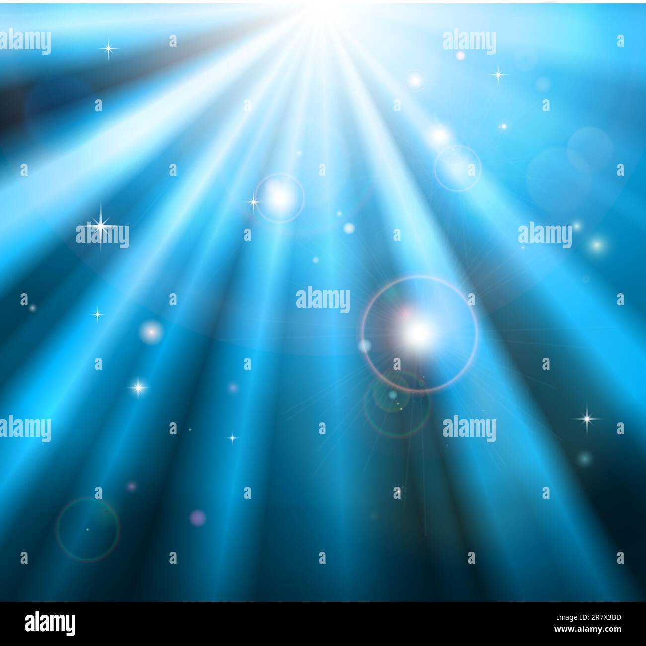 Bright blue light rays shining down with lens flare background Stock ...