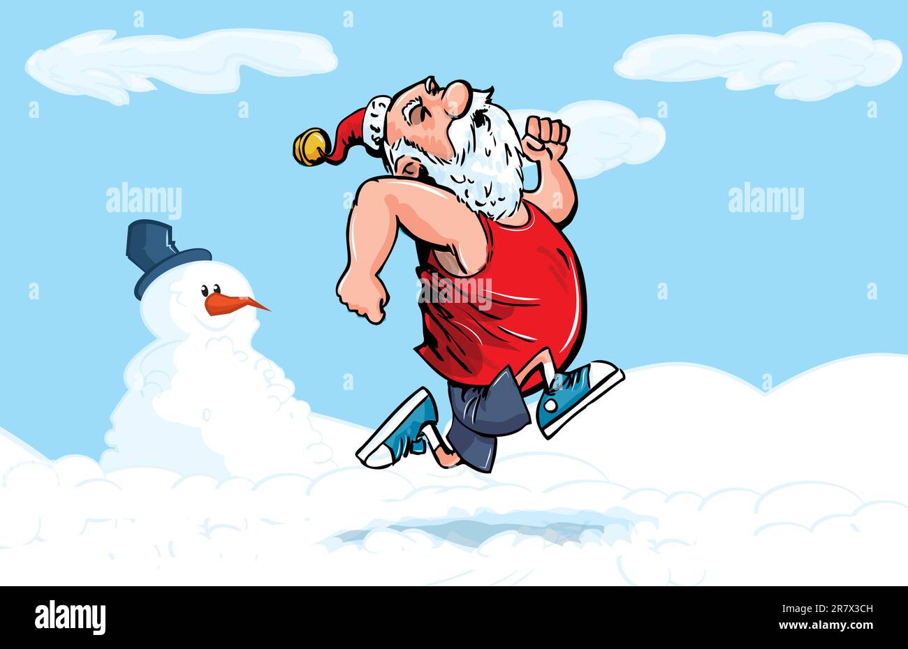 Cartoon Santa running for exercise in the snow with snowman Stock ...