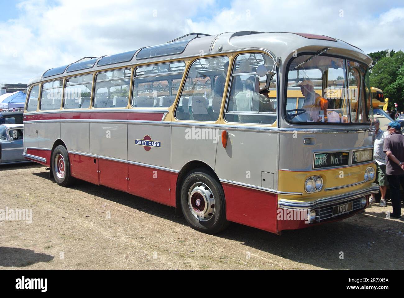 A 1963 AEC Reliance coach, owned by Grey Cars, parked on display at the ...
