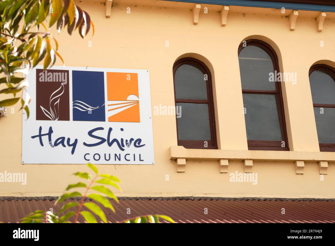 Hay Shire Council sign on the second-floor wall of an office building ...