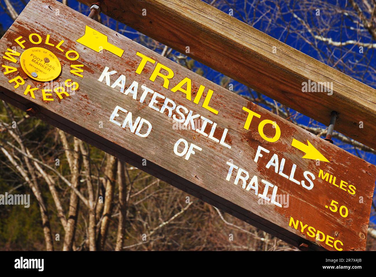 A sign points the way to a trail that leads to Kaaterskill Falls in New ...
