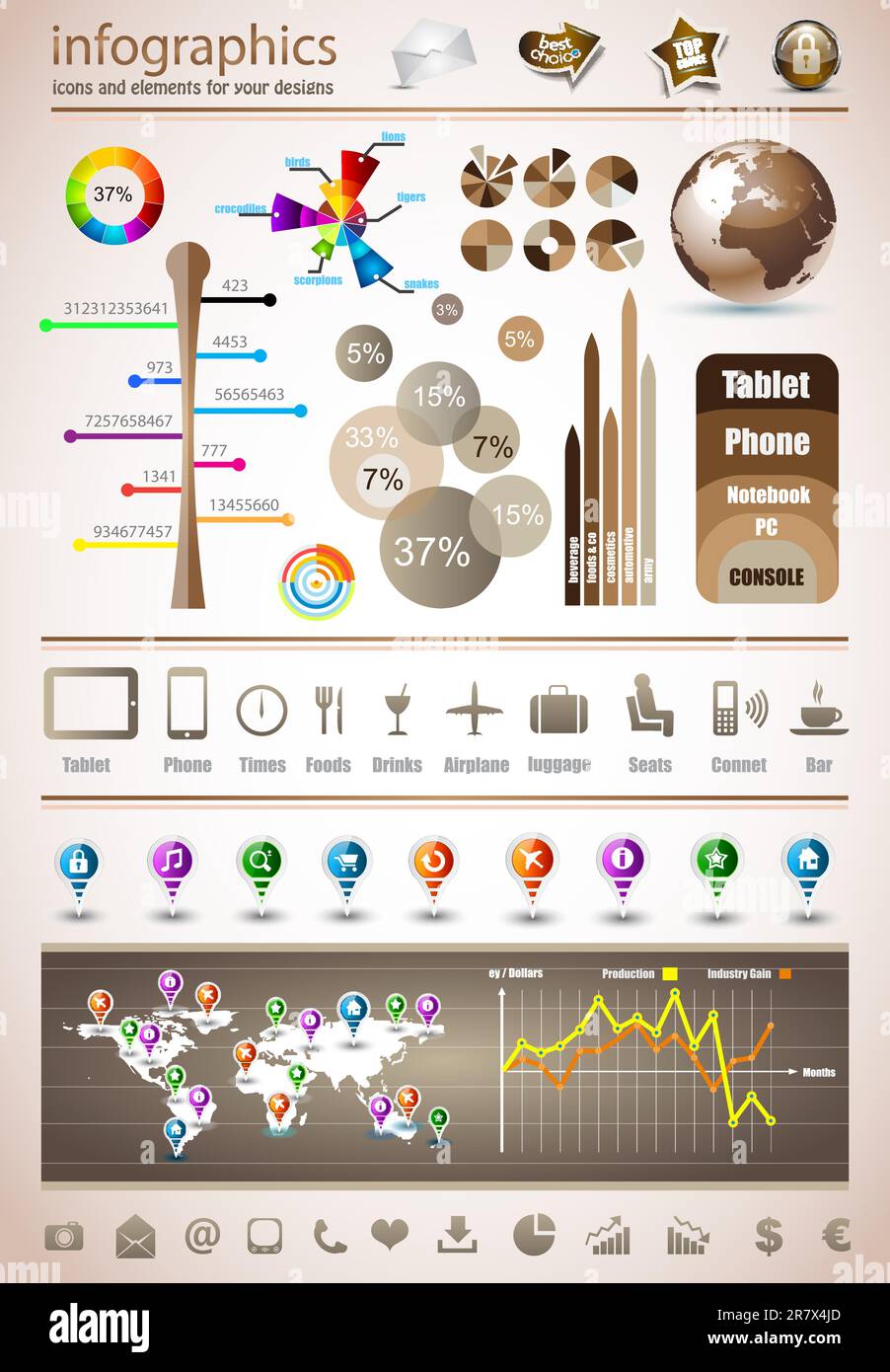 Premium infographics master collection: graphs, histograms, arrows, chart, 3D globe, icons and a ...