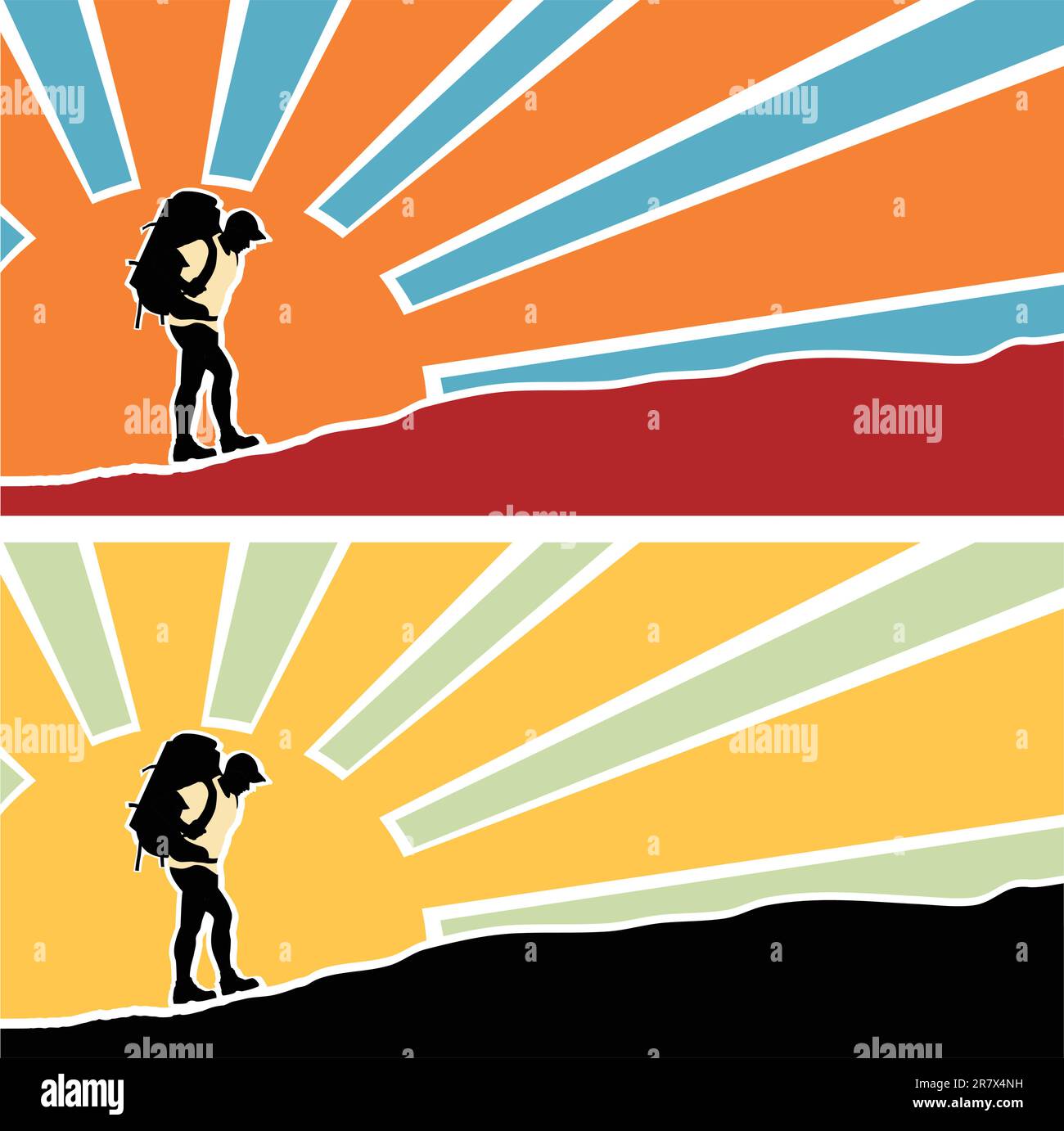 Man with a backpack going up the hill. Rising sun with rays in the ...