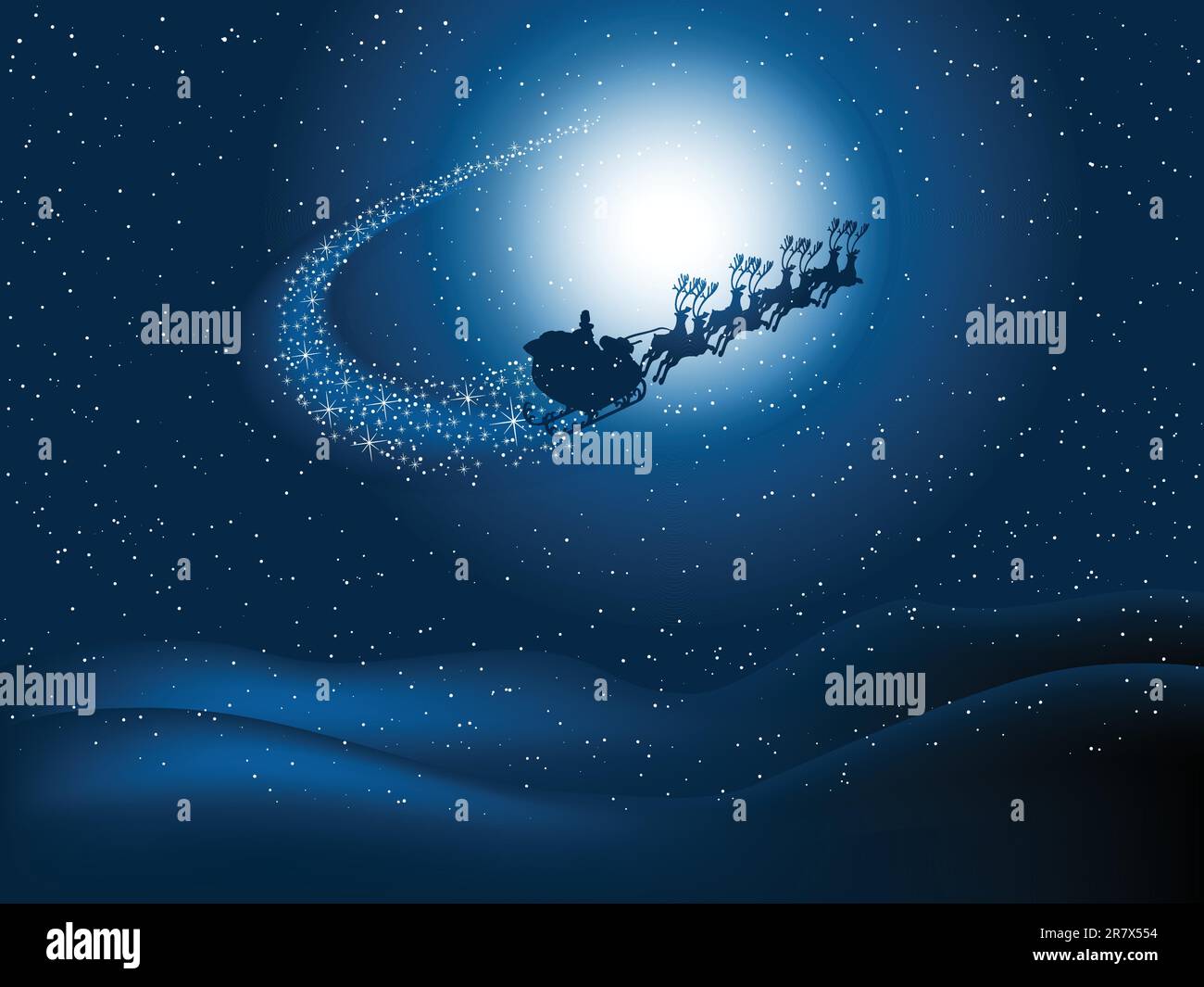Silhouette of santa flying through the snowy night sky with starry ...