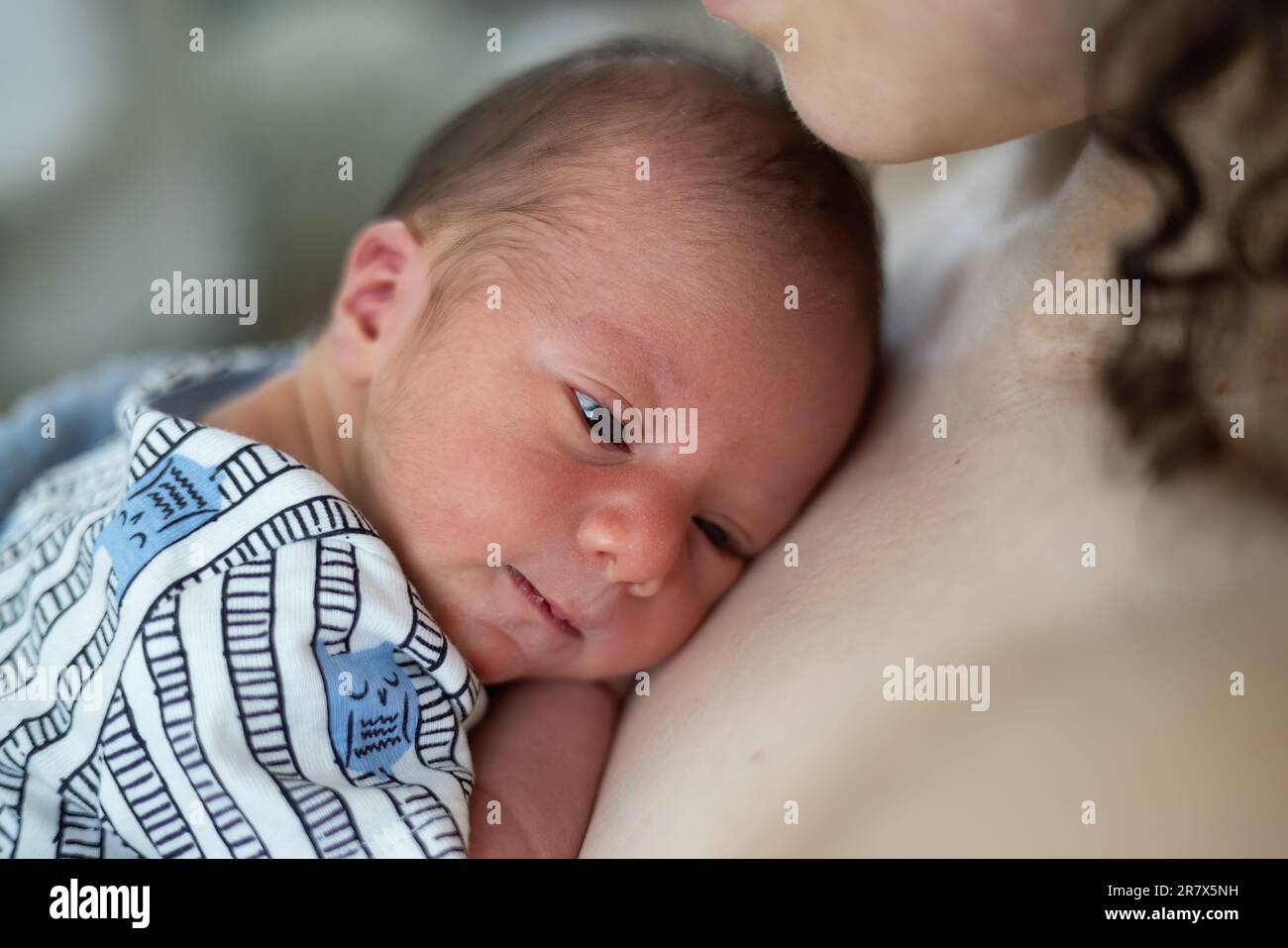 Adorable Newborn Baby Boy sitting on mother chest Stock Photo - Alamy