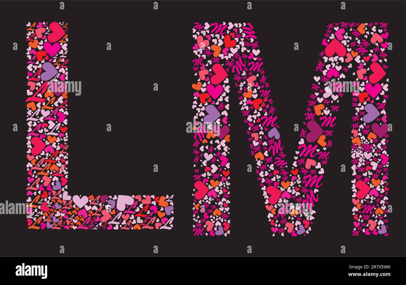 Letter L, M. Valentine alphabet set with heart. Vector font Stock ...
