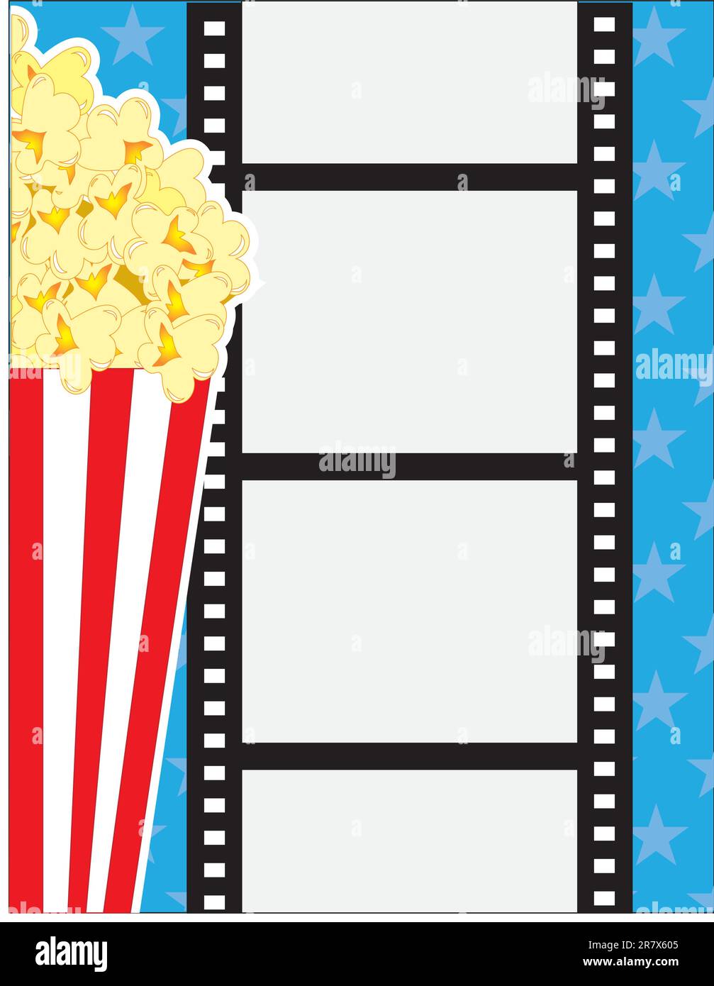 A cinematic background, with popcorn in a red striped carton and a ...