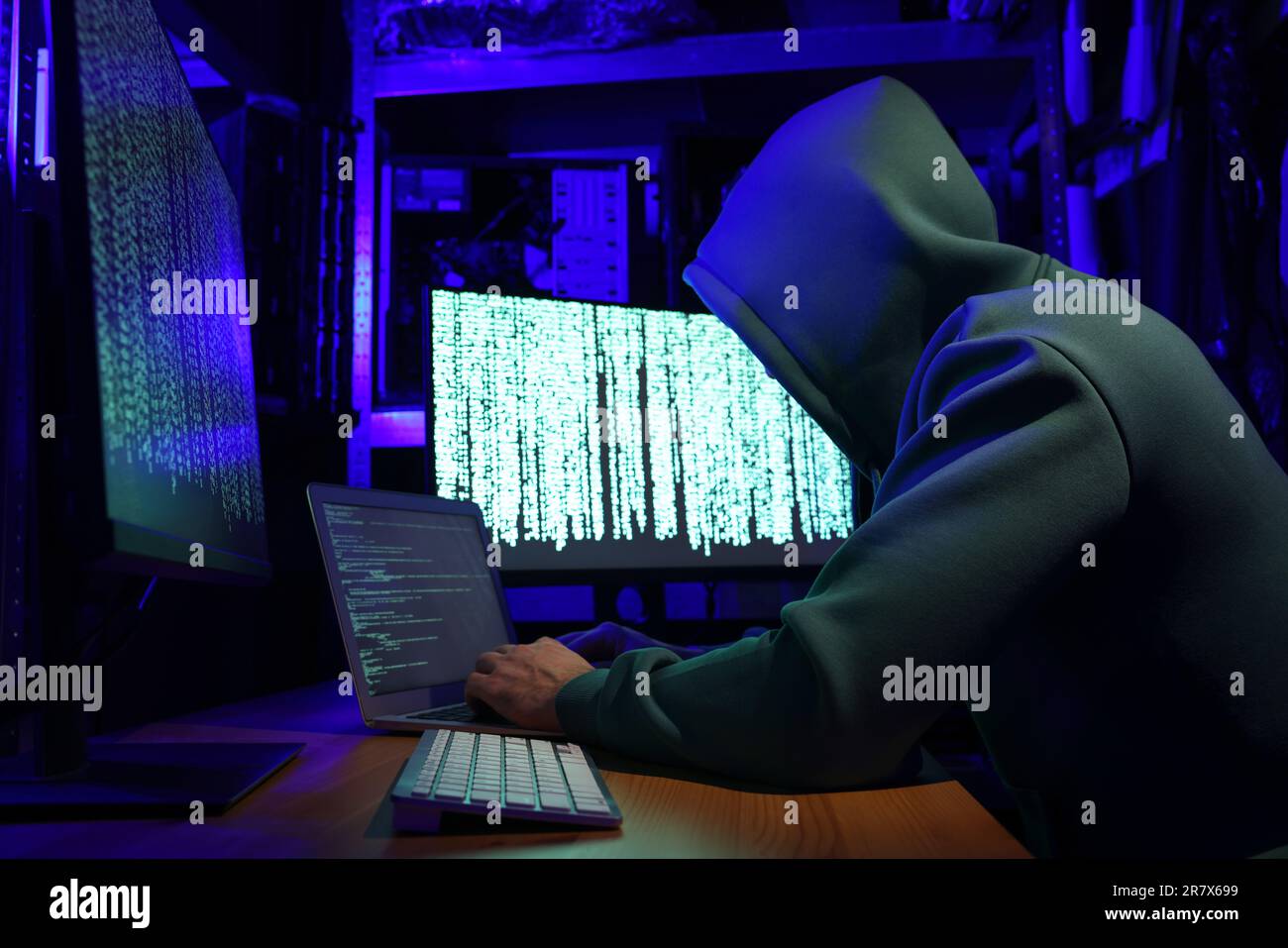Hacker working with computers in dark room. Cyber attack Stock Photo ...
