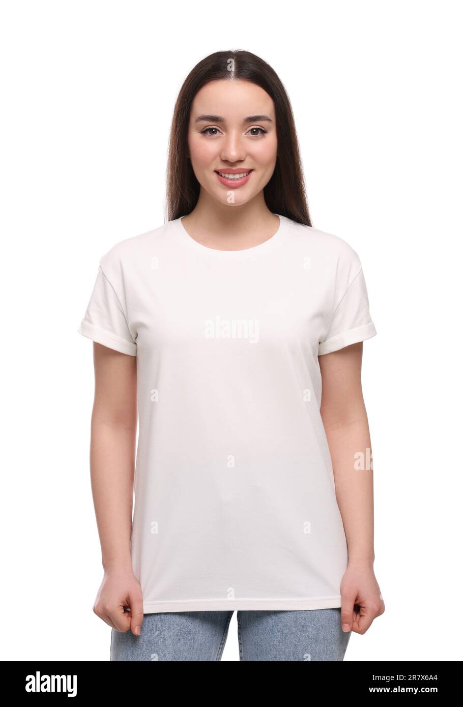 Happy young woman wearing basic hi-res stock photography and images - Alamy