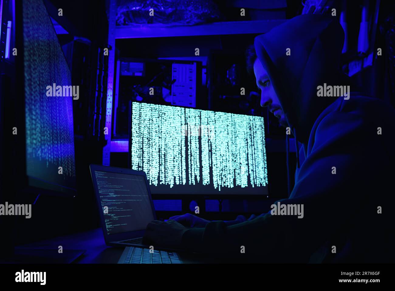 Hacker working with computers in dark room. Cyber attack Stock Photo ...