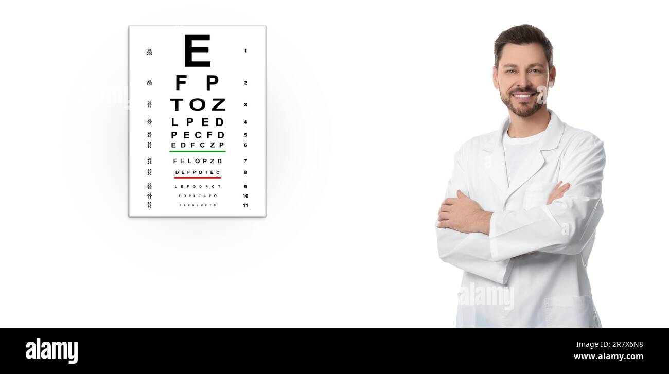 Vision test. Ophthalmologist or optometrist and eye chart on white ...