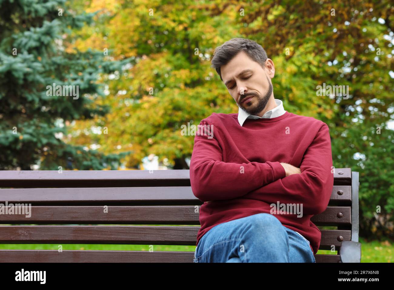 Tired man sleeping on bench in beautiful green park. Space for text ...