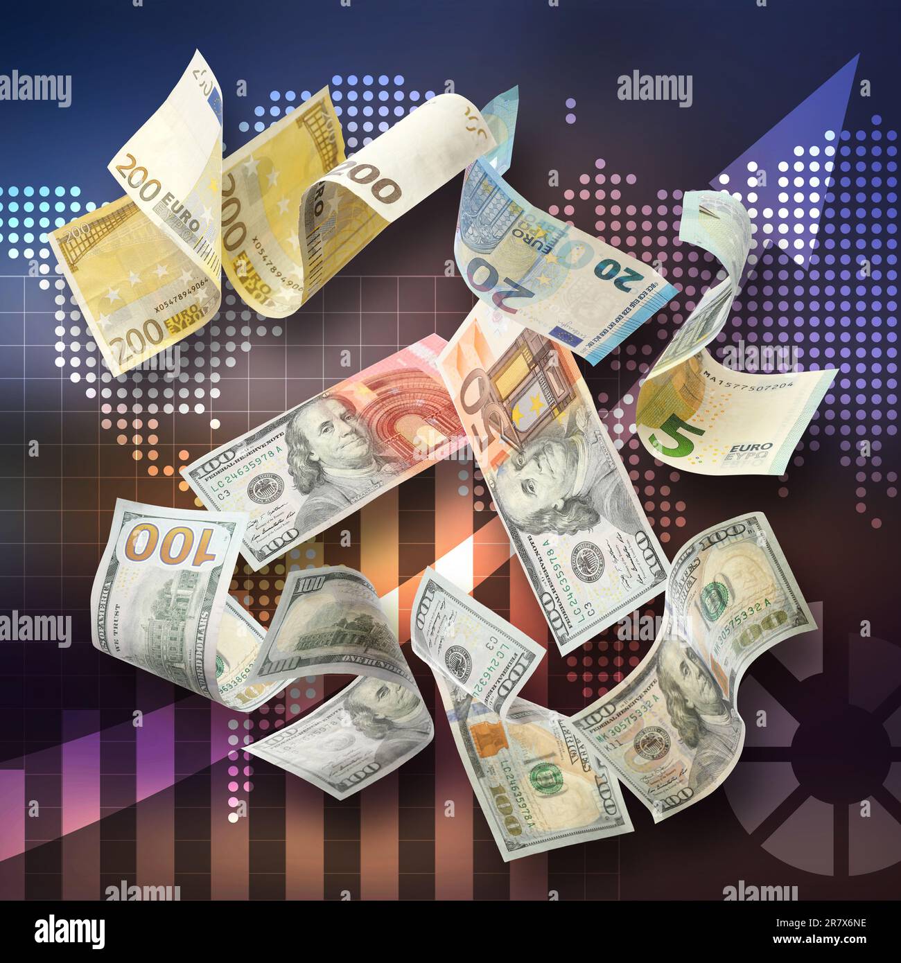 Money exchange. Euro banknotes turning into dollars while falling ...