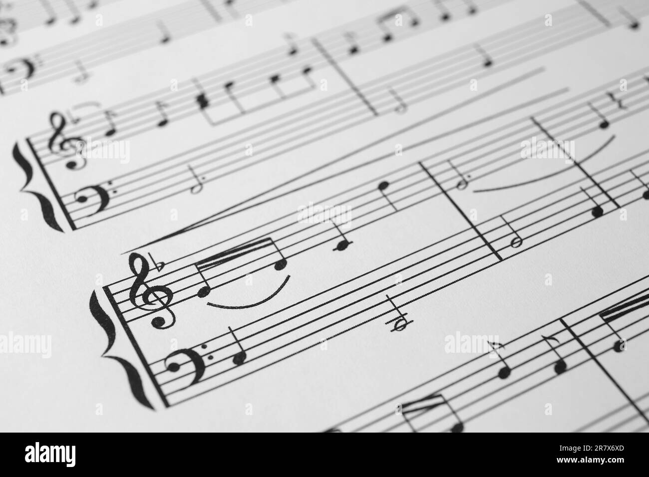 Sheet of paper with music notes as background, closeup view Stock Photo ...
