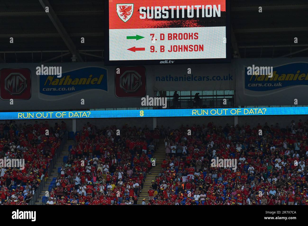 Cardiff, UK. 16th June, 2023. The scoreboard shows substitution of ...