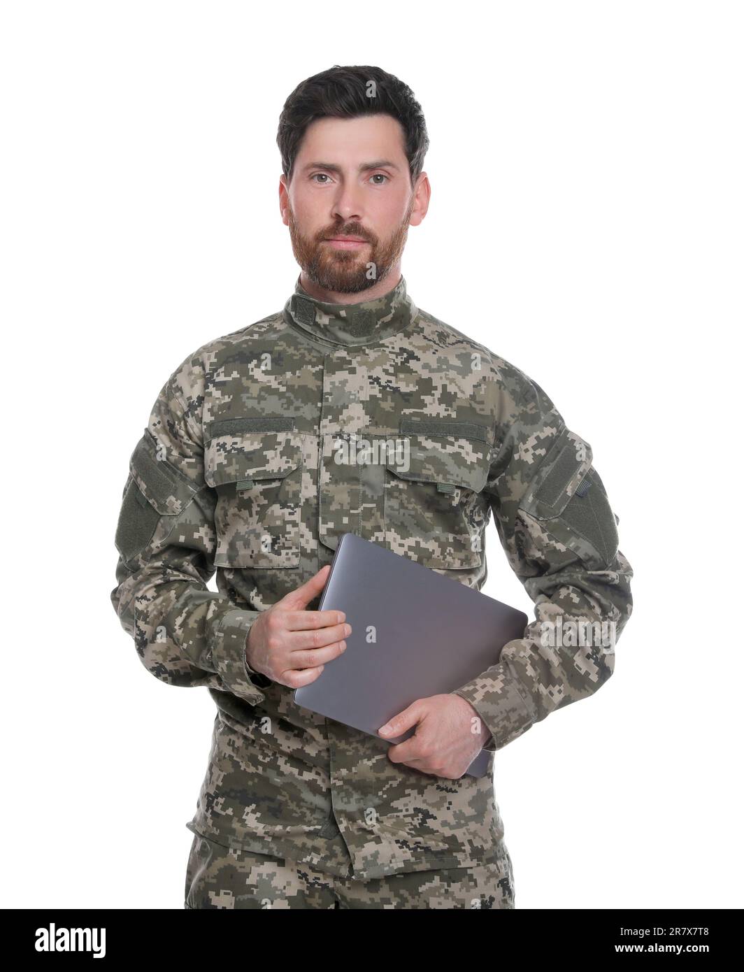 Soldier with laptop on white background. Military service Stock Photo ...