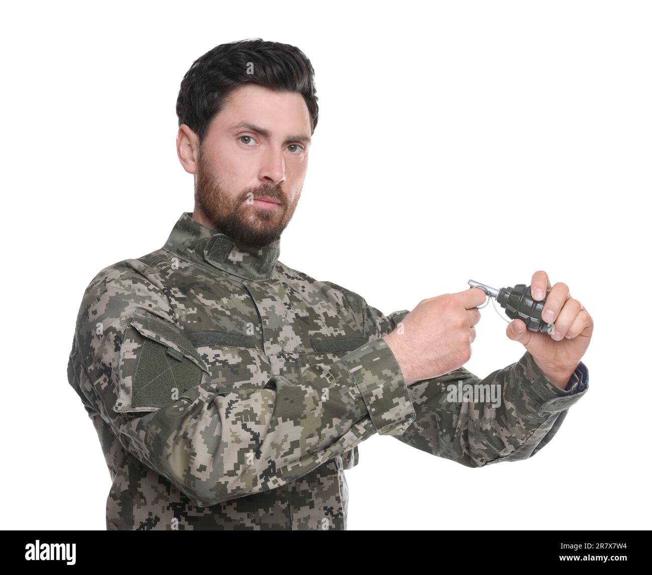 Soldier pulling safety pin out of hand grenade on white background ...