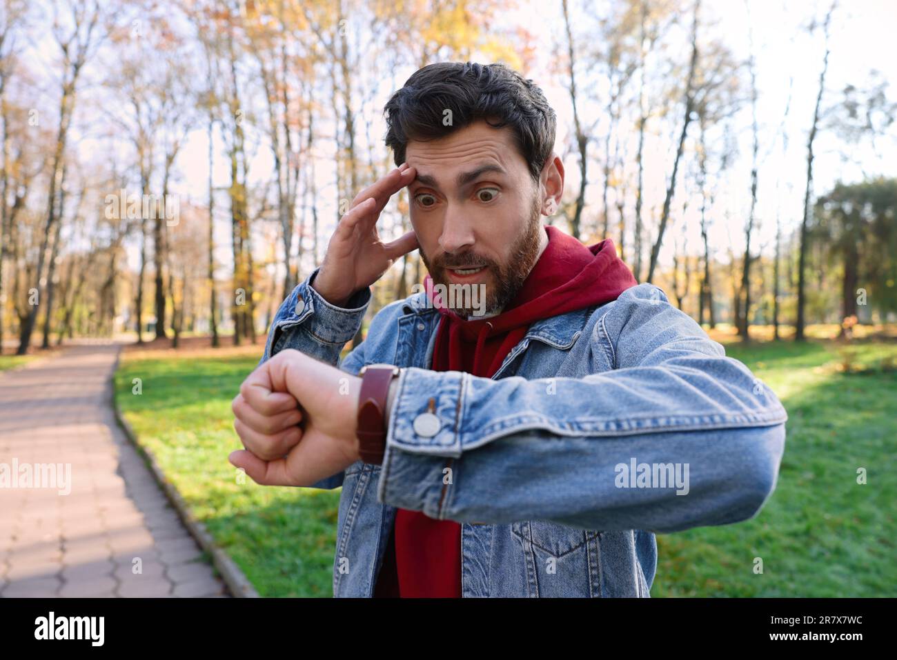 Emotional man checking time on watch in park. Being late concept Stock ...