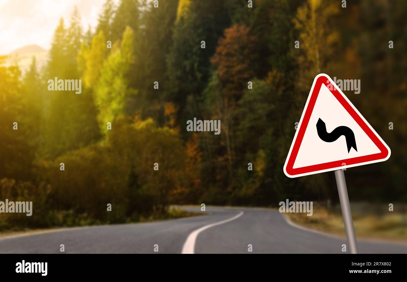 Series Of Curves road sign on highway, space for text Stock Photo - Alamy