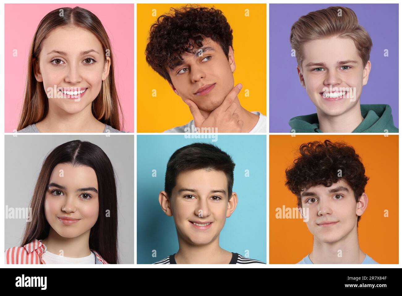 Portraits of teenagers on different color backgrounds, collage design ...