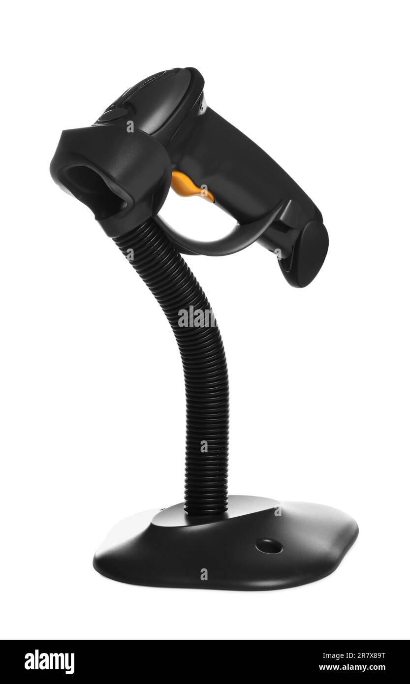 Stand with barcode scanner isolated on white Stock Photo - Alamy