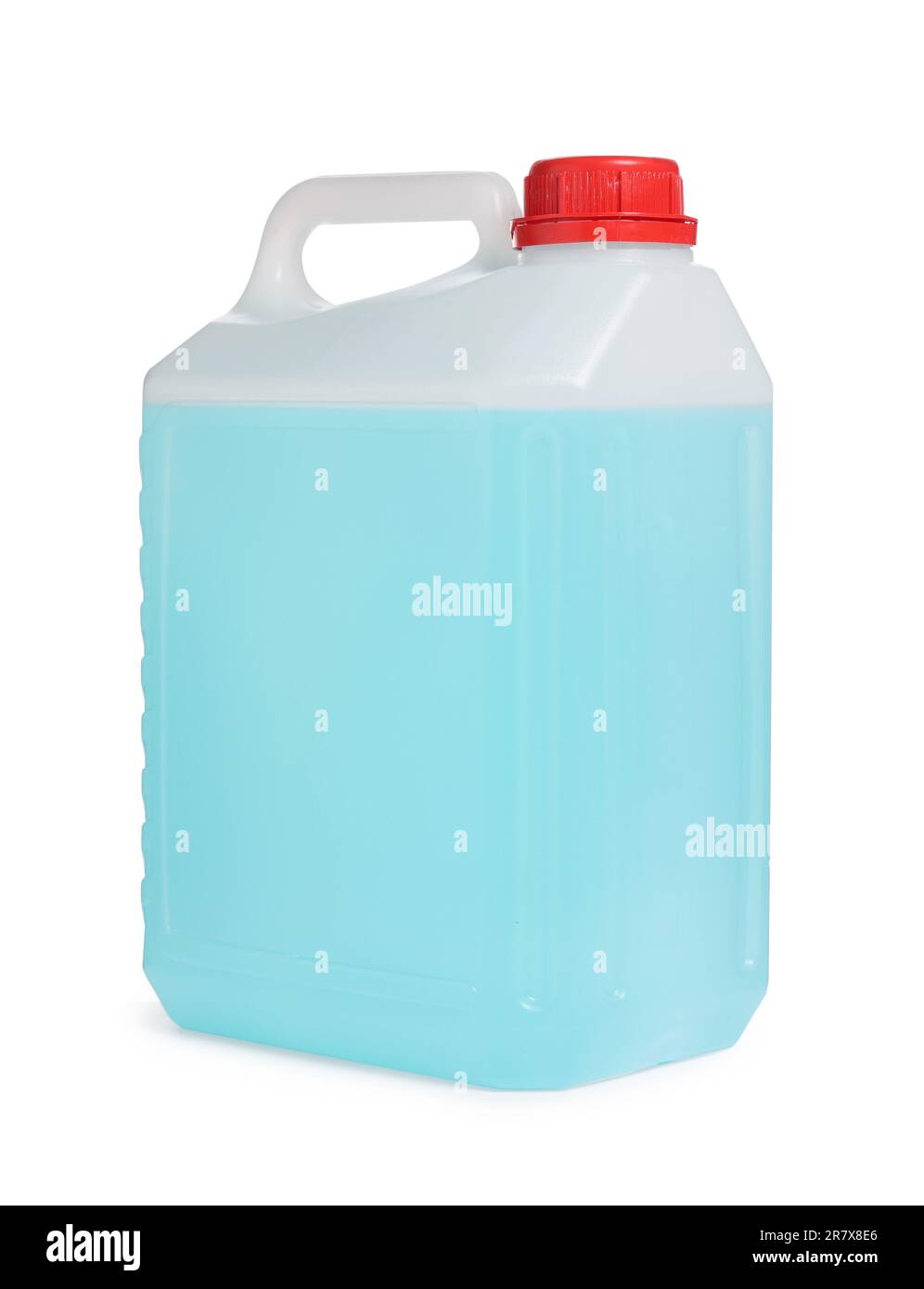 Plastic canister with blue liquid isolated on white Stock Photo - Alamy