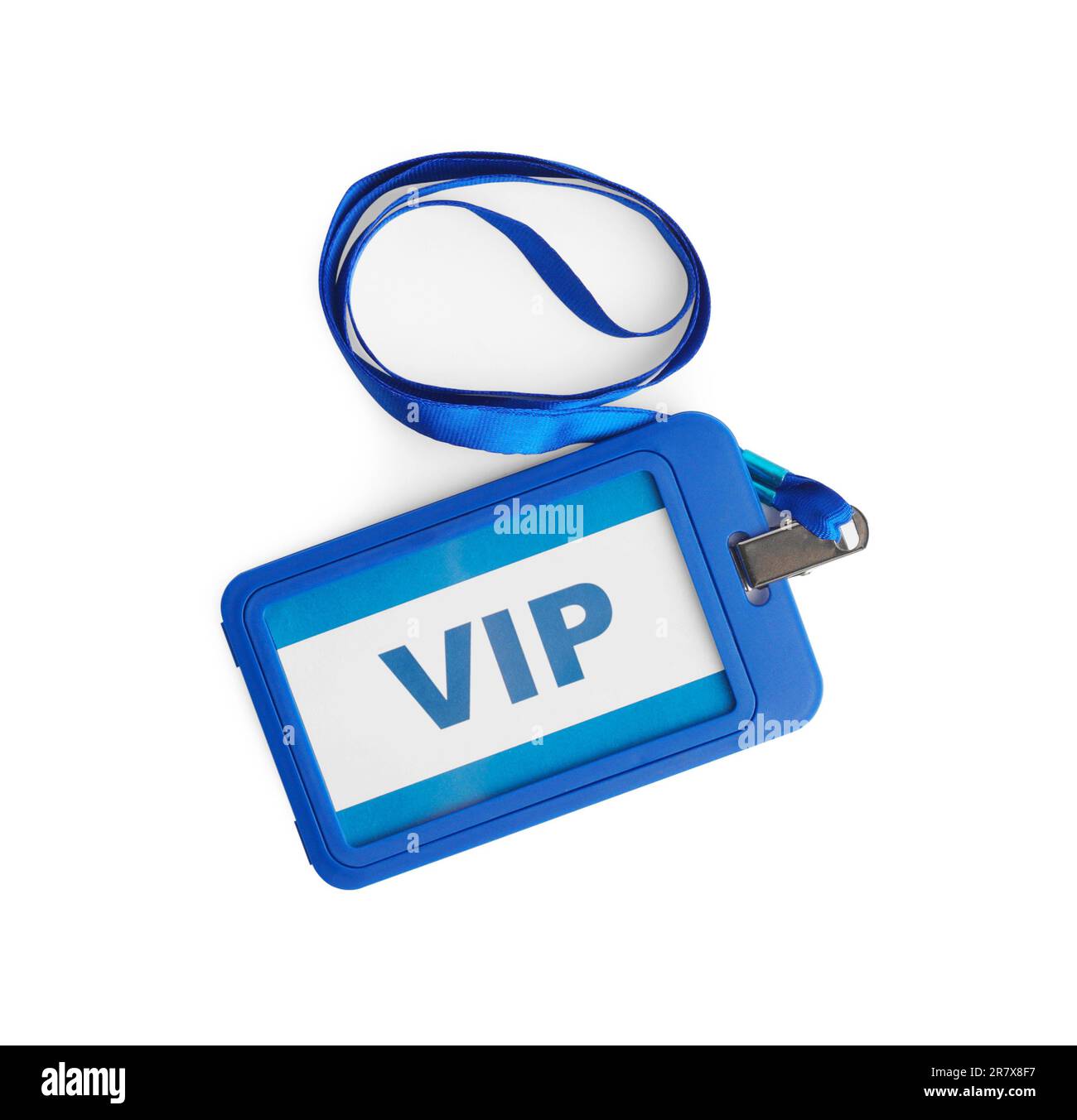 Blue vip badge isolated on white, top view Stock Photo - Alamy