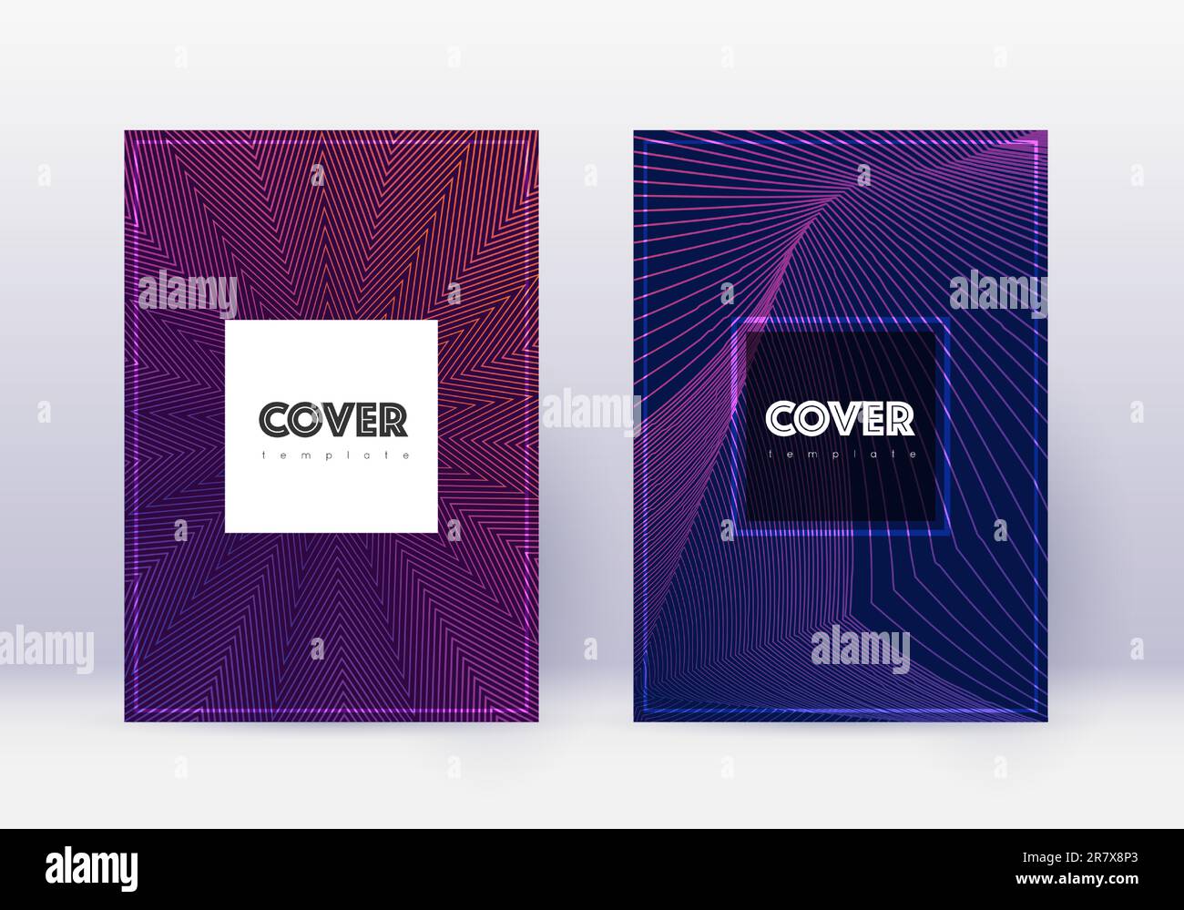 Hipster cover design template set. Violet abstract lines on dark ...