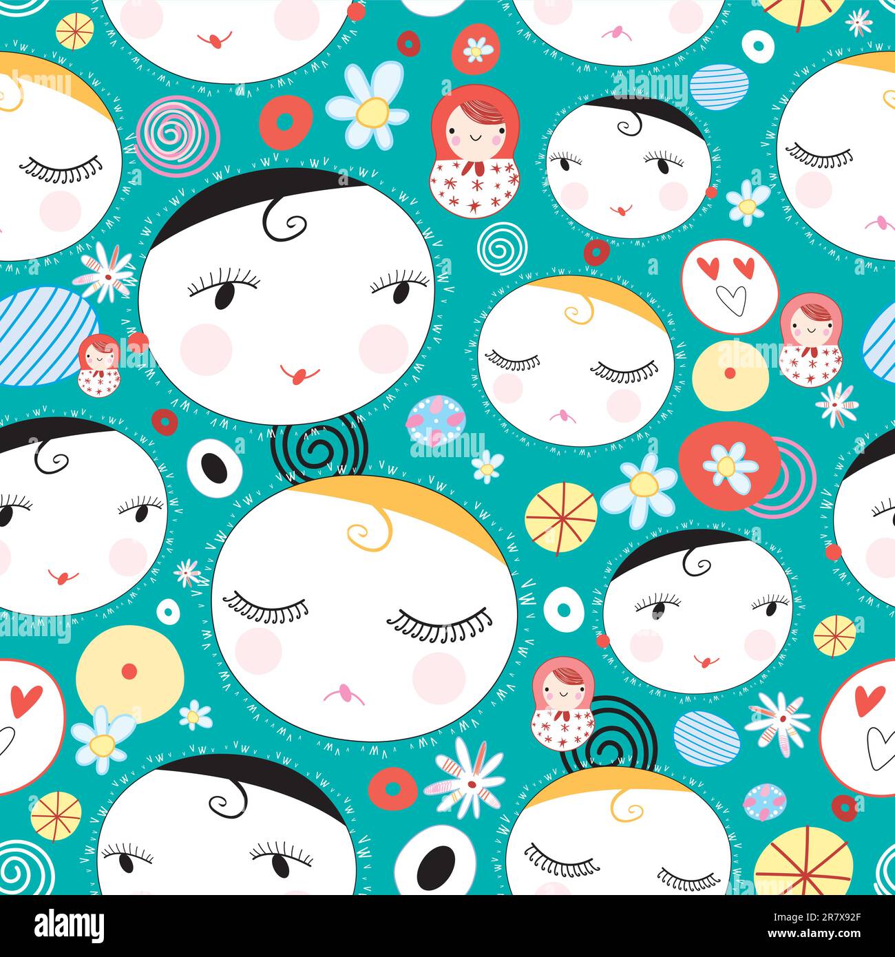 seamless pattern of female portraits on a green background with flowers ...