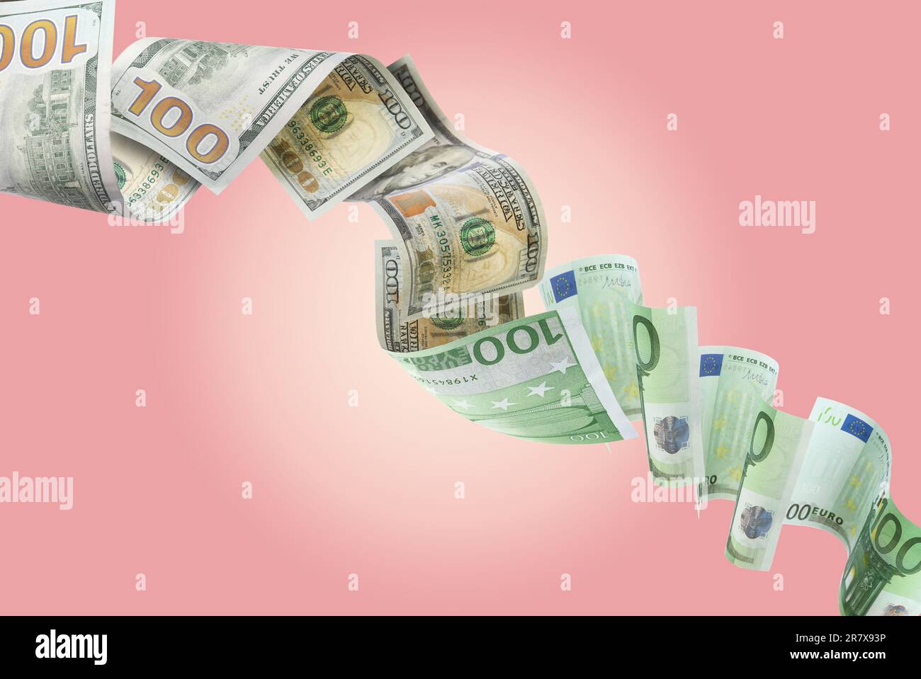 Money exchange. Dollars turning into euro banknotes while falling on ...