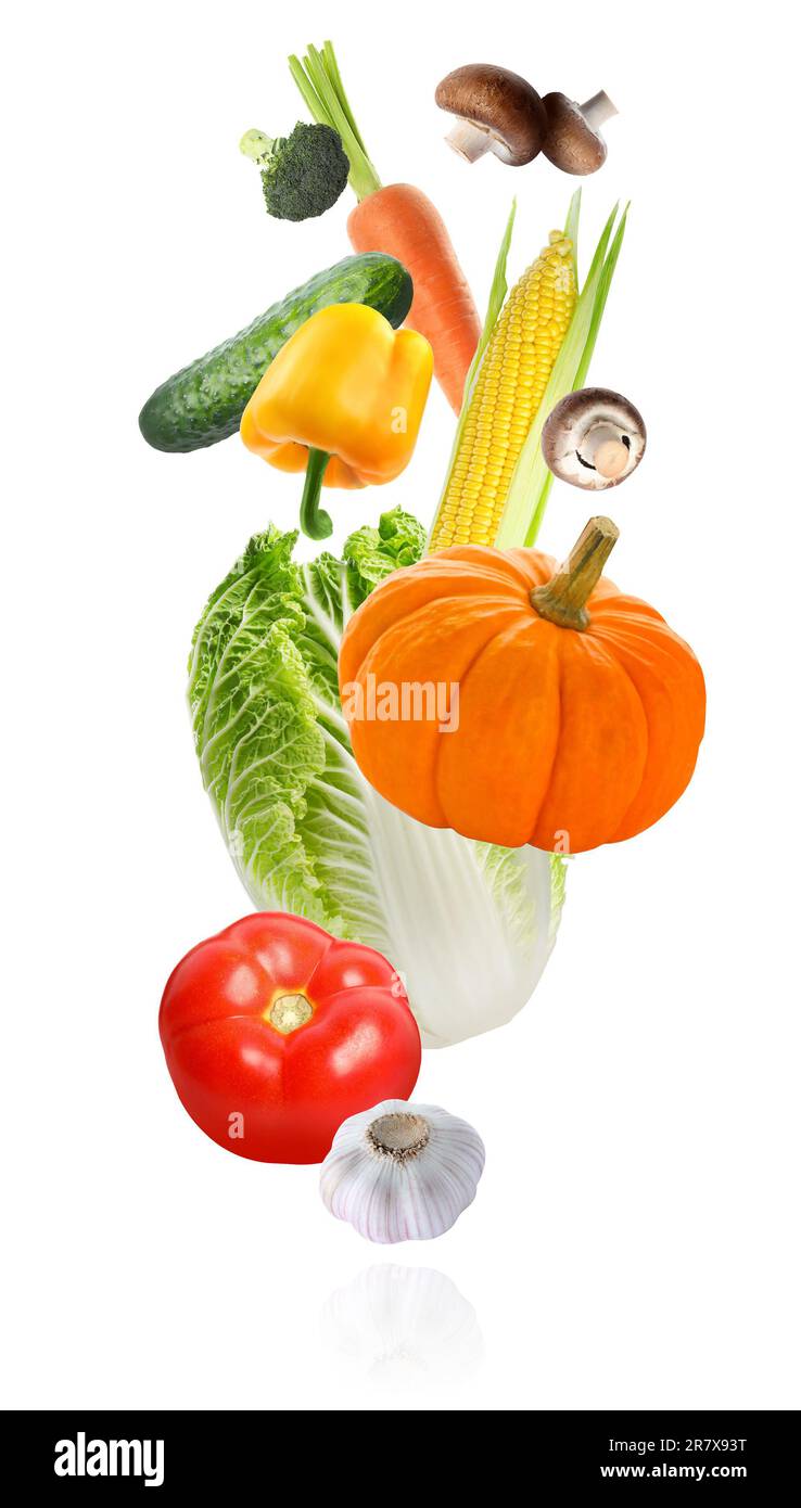 Many different fresh vegetables falling on white background Stock Photo ...