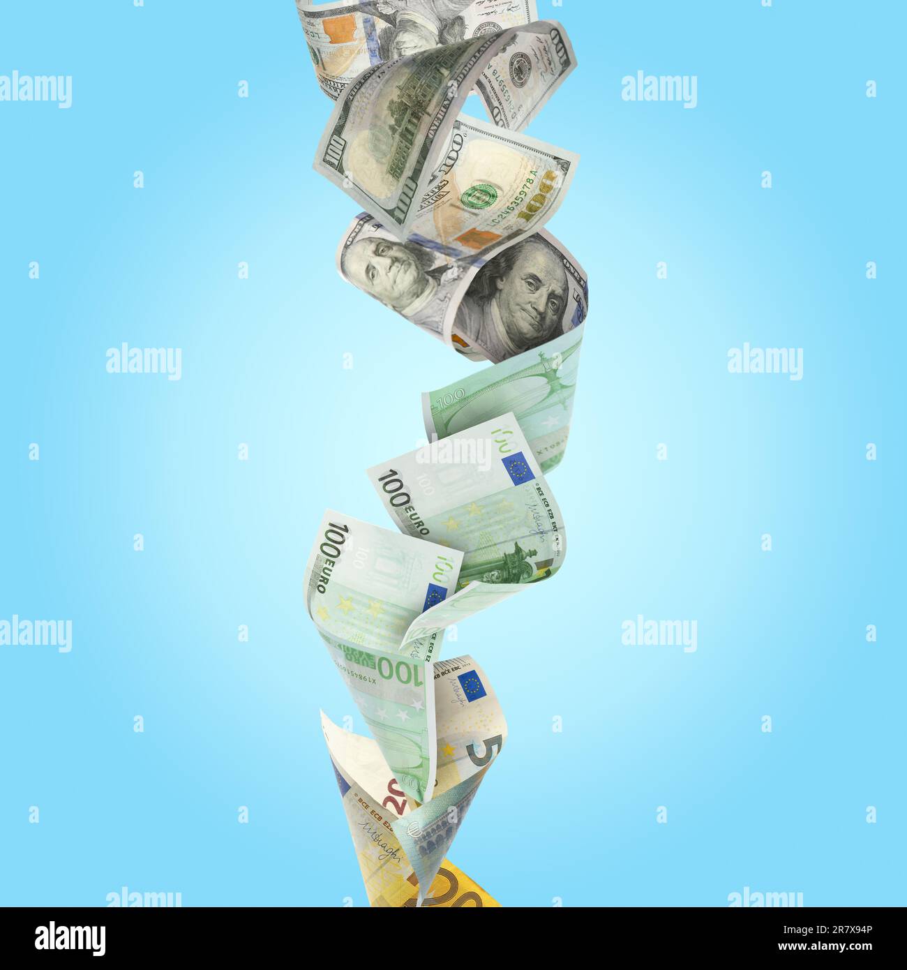 Money exchange. Dollars turning into euro banknotes while falling on ...
