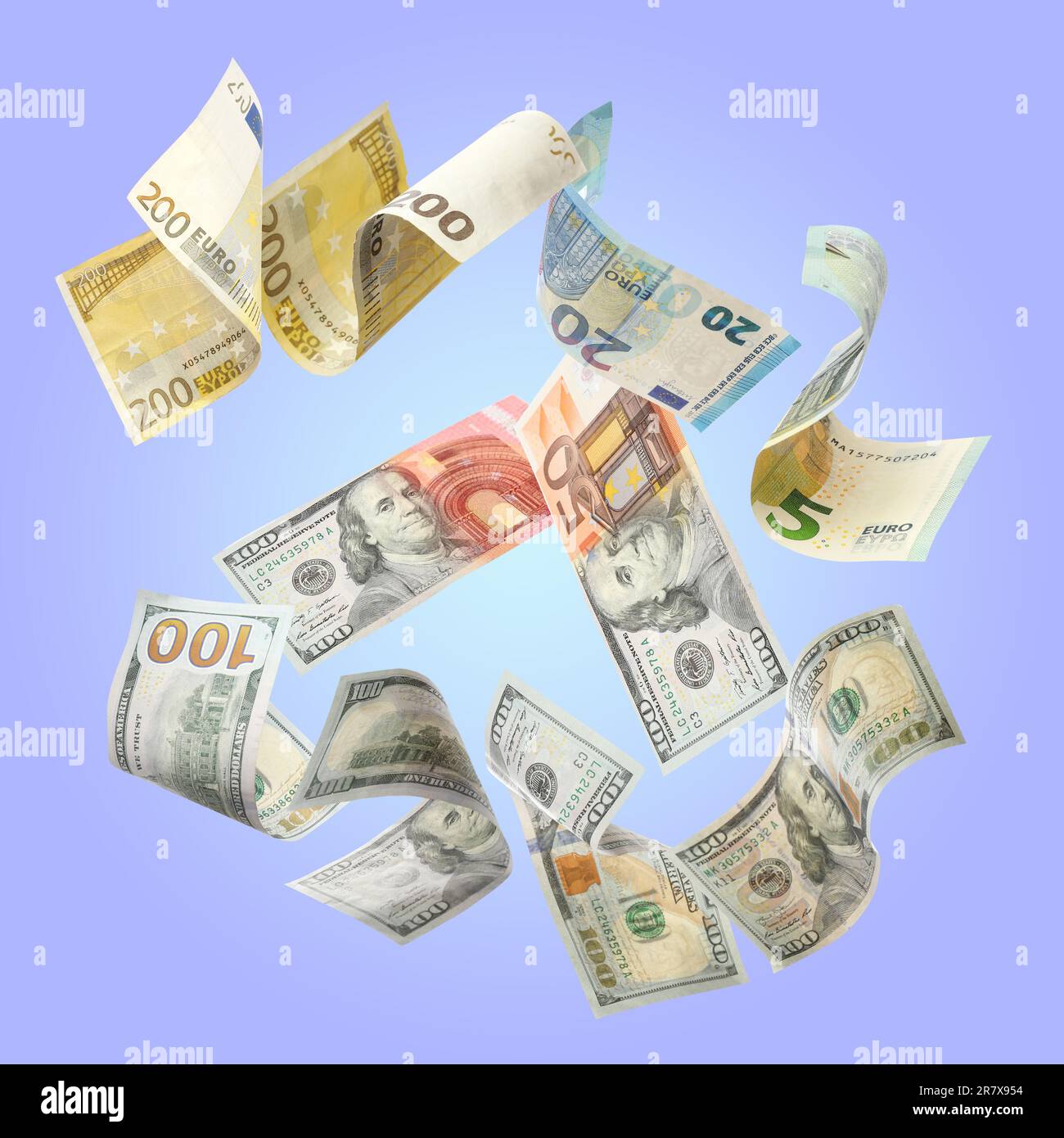 Money exchange. Euro banknotes turning into dollars while falling on ...