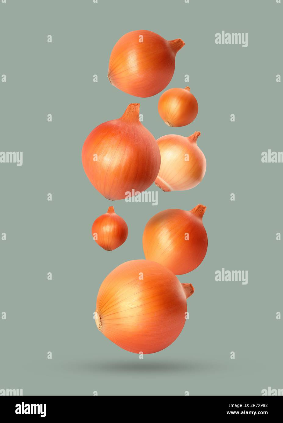 Many onion bulbs falling on light grey background Stock Photo - Alamy