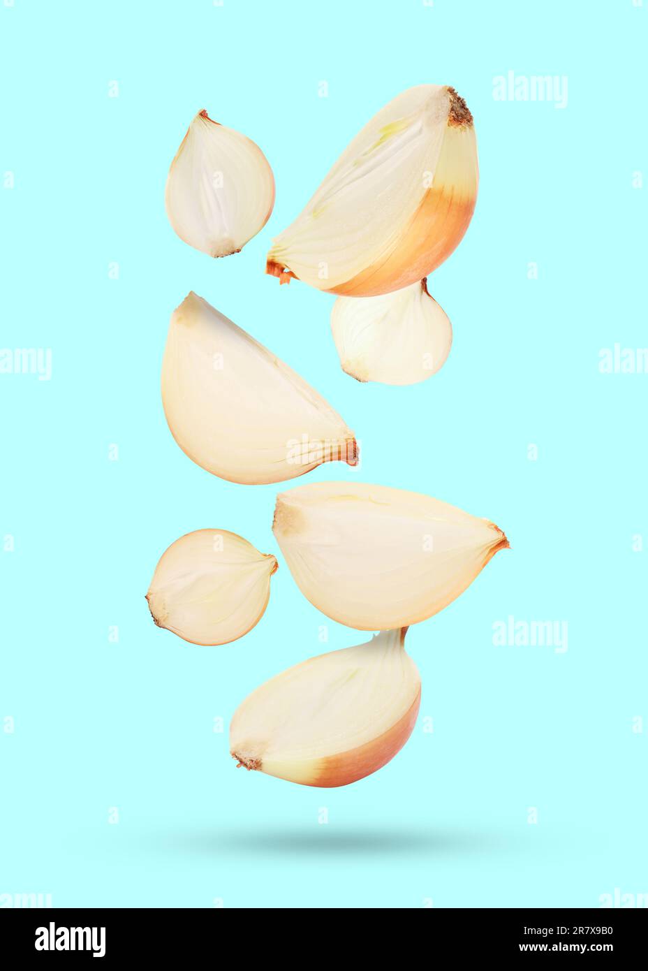 Cut onions falling on pastel light blue background Stock Photo - Alamy