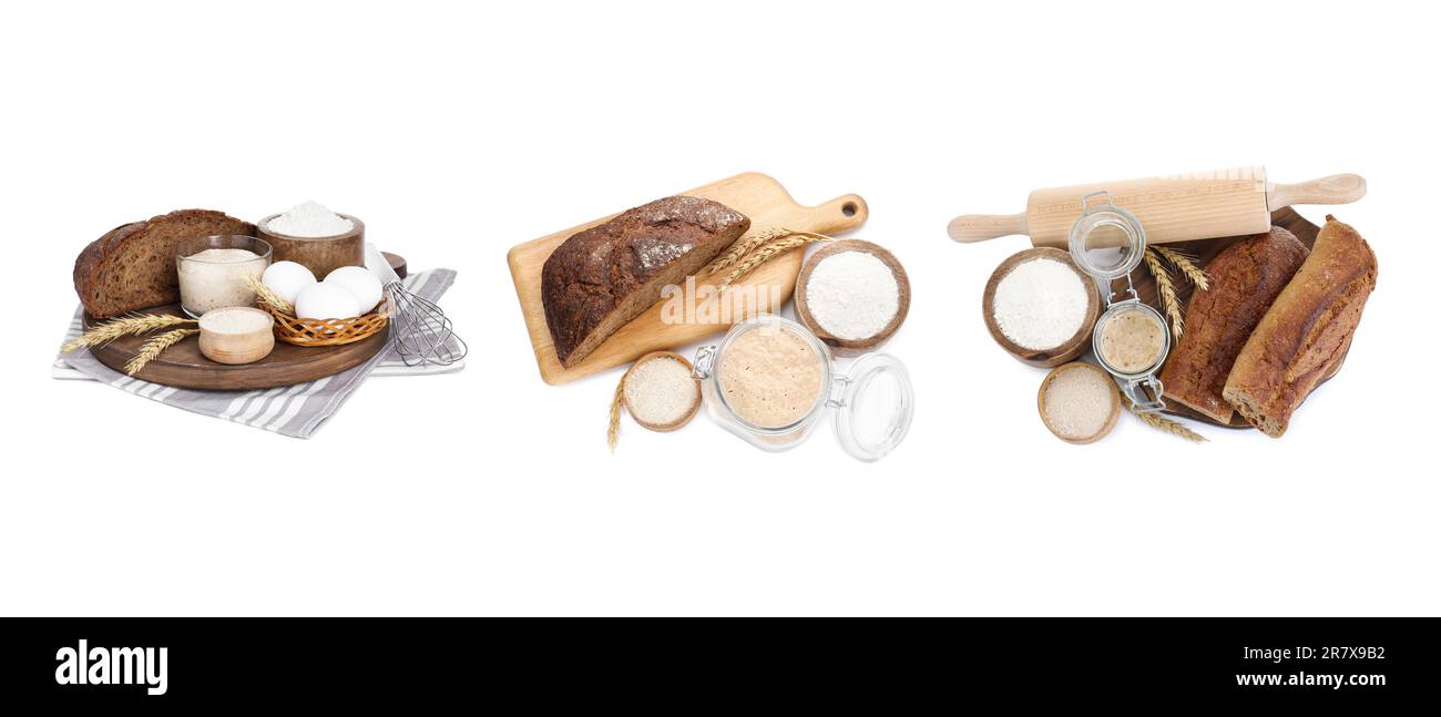 Collage with sourdough starter and different freshly baked bread ...