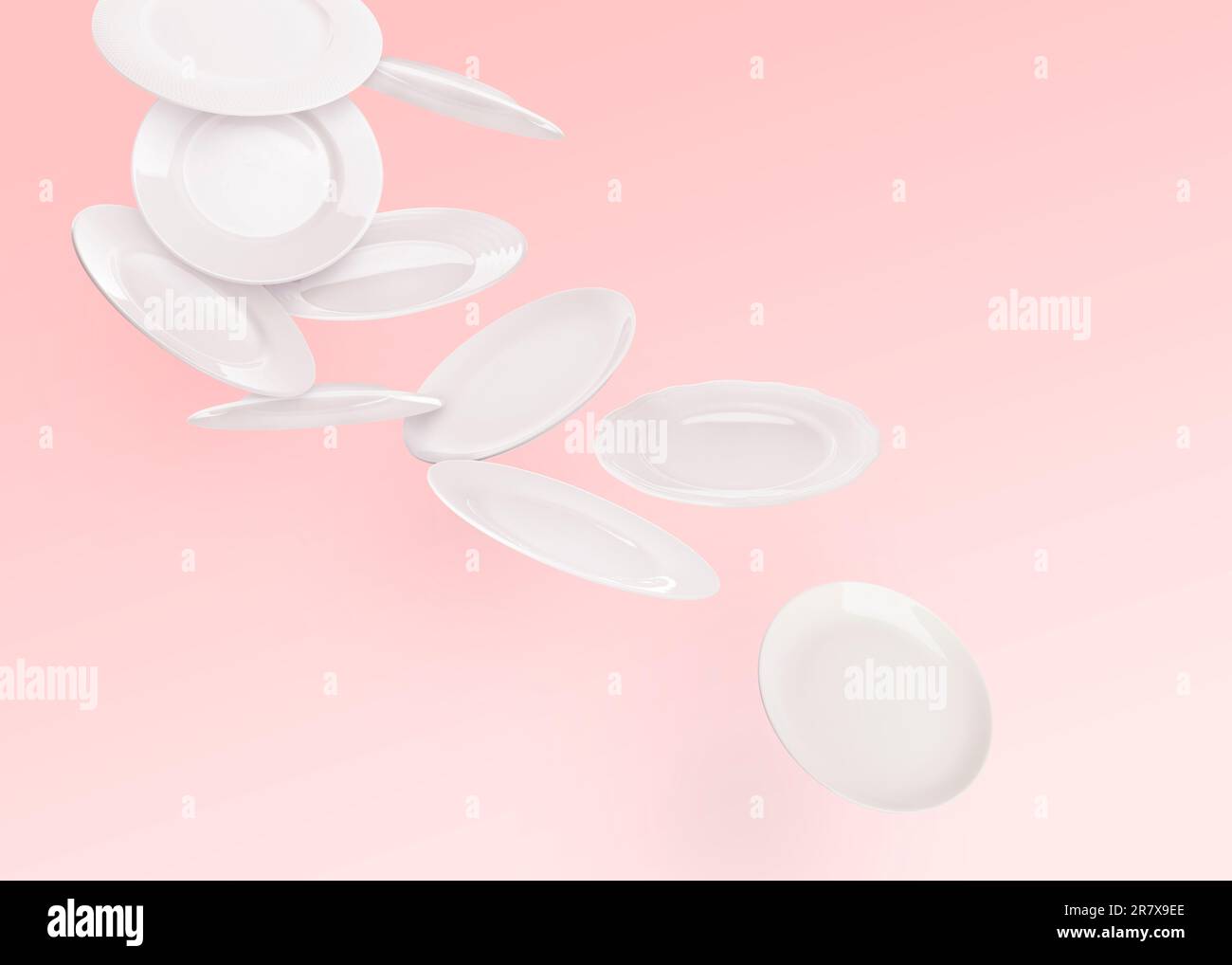 Many white plates falling on pastel pink background Stock Photo - Alamy