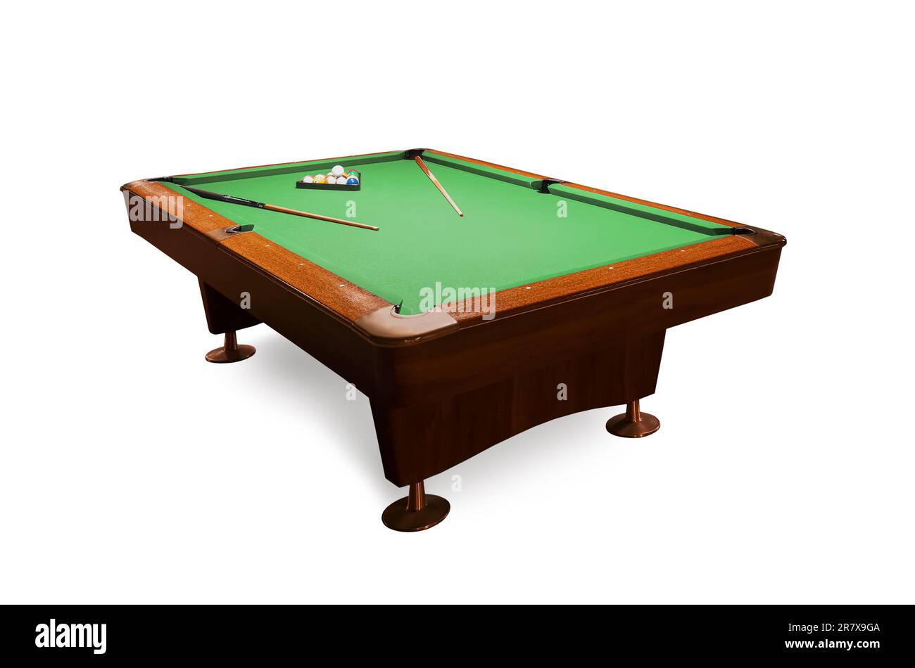 Billiard table with wooden cues, rack and balls on white background ...