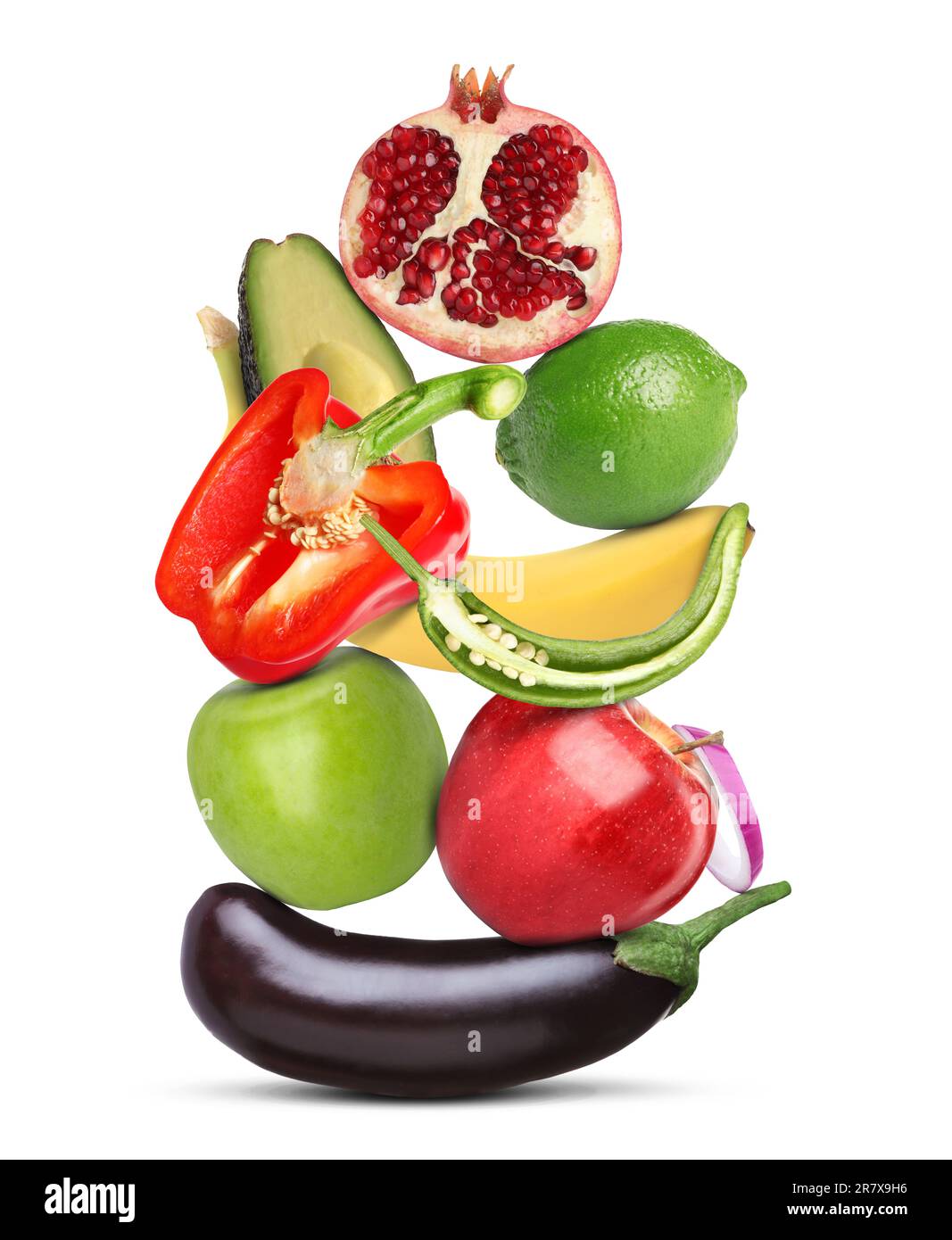 Stack of different vegetables and fruits isolated on white Stock Photo ...