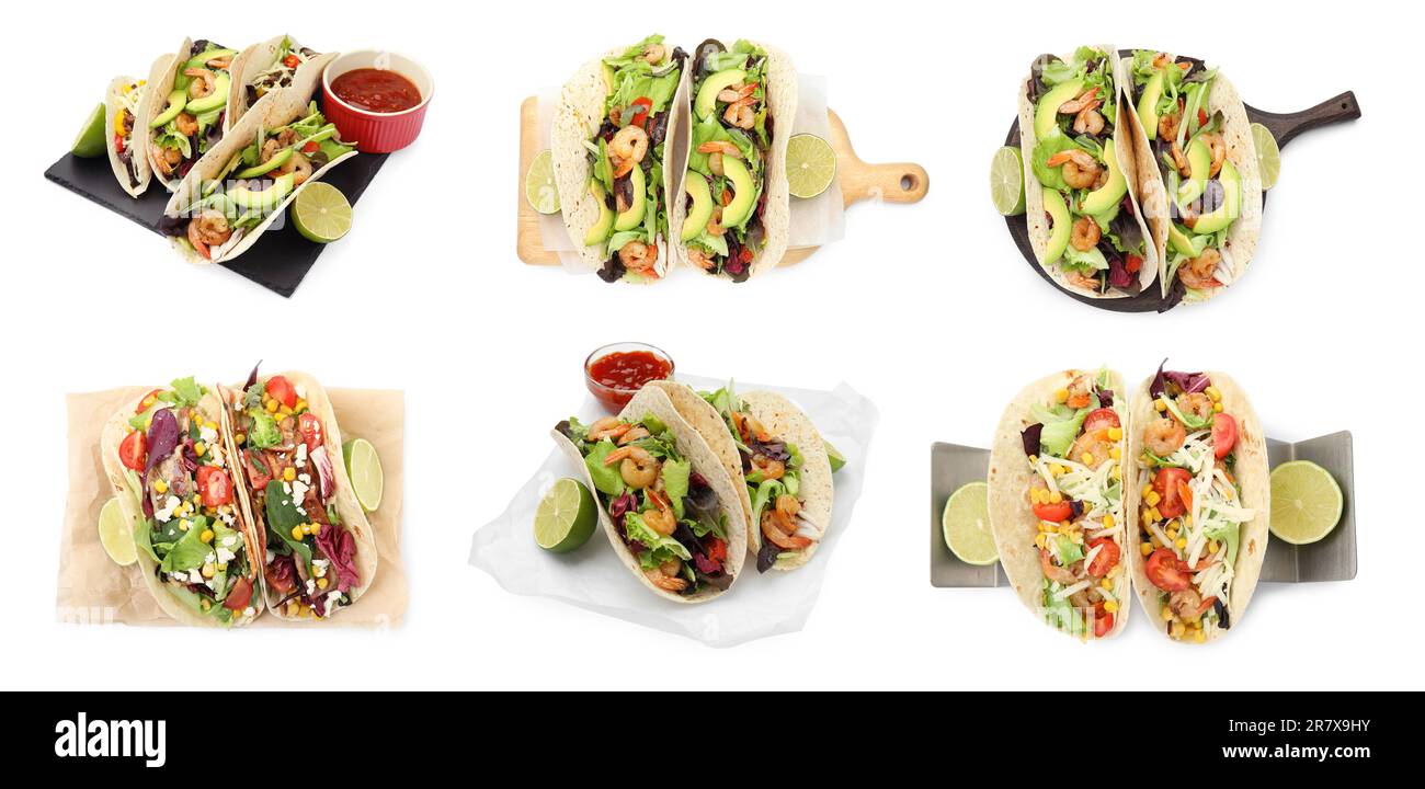 Delicious tacos isolated on white, collage design Stock Photo - Alamy